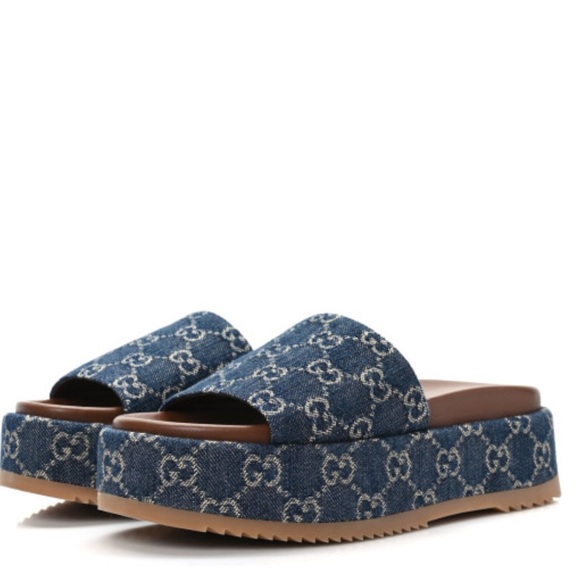 Gucci | Shoes | Gucci Supreme Denim Angelina Gg Logo Platform Slides ...